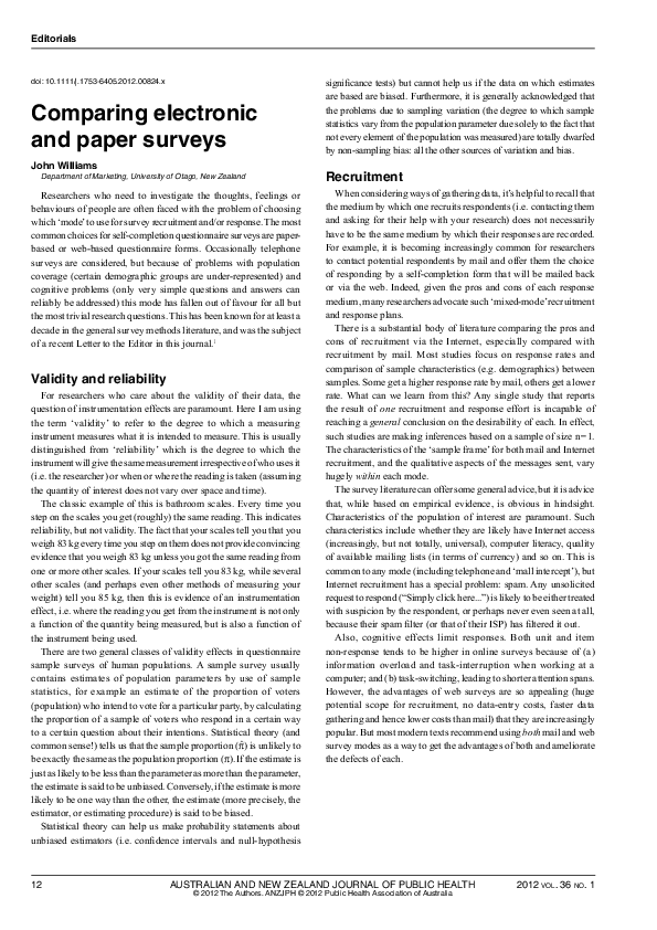 (PDF) Comparing electronic and paper surveys | John Williams - Academia.edu