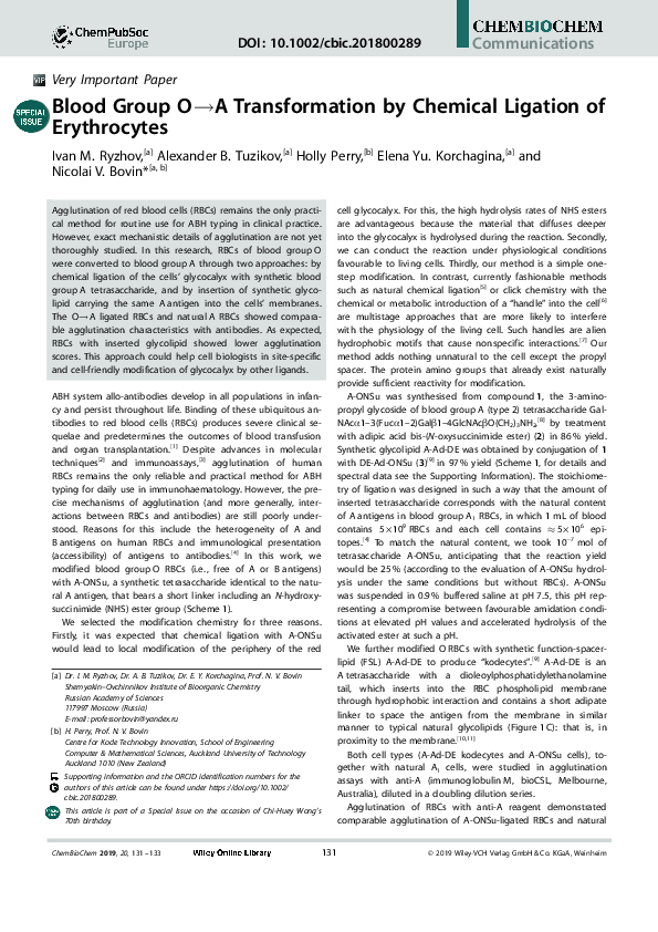(PDF) Blood Group O→A Transformation by Chemical Ligation of Erythrocytes