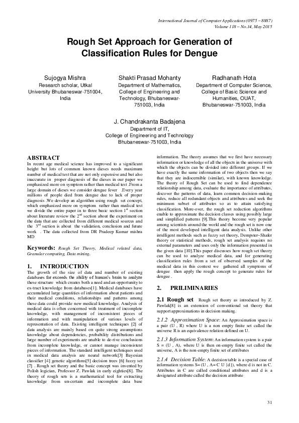 Pdf Rough Set Approach For Generation Of Classification Rules For Dengue