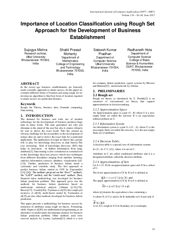 (PDF) Importance of Location Classification using Rough Set Approach for the Development of ...