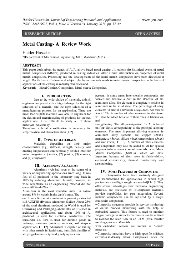 (PDF) Metal Casting- A Review Work