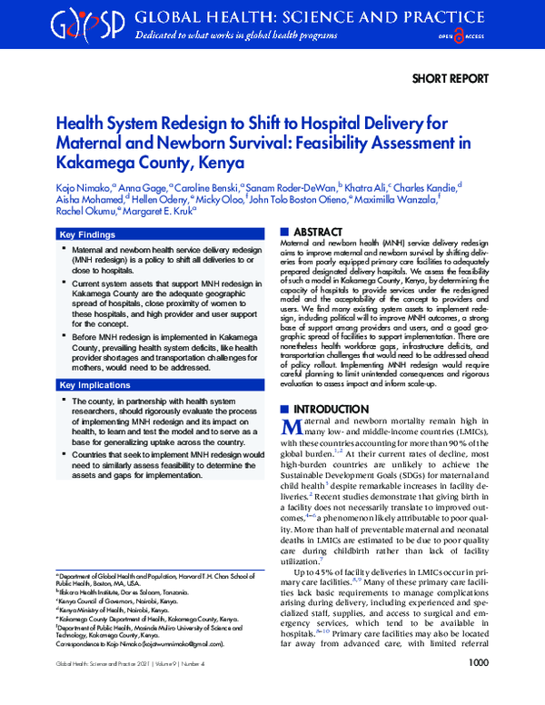 (PDF) Health System Redesign to Shift to Hospital Delivery for Maternal ...