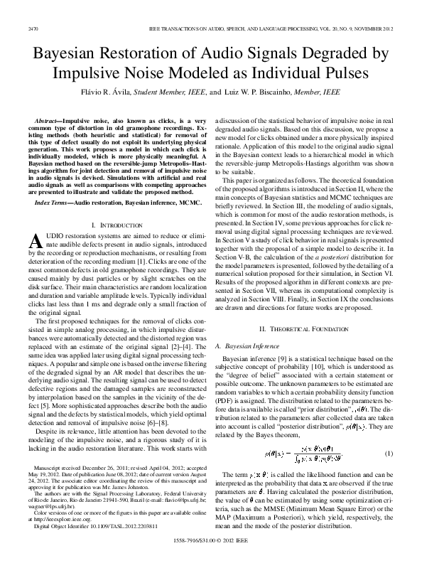 (PDF) Bayesian Restoration of Audio Signals Degraded by Impulsive Noise Modeled as Individual Pulses