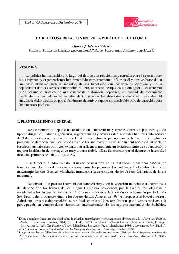 (PDF) La recelosa relación entre la Política y el Deporte