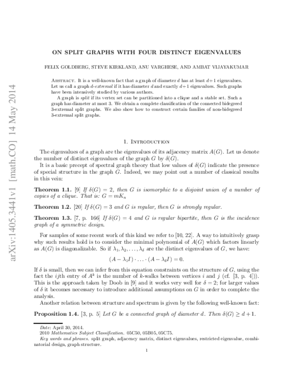 Pdf On Split Graphs With Four Distinct Eigenvalues Felix Goldberg
