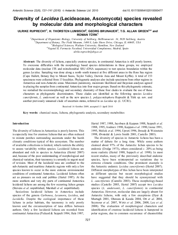 (PDF) Diversity of Lecidea (Lecideaceae, Ascomycota) species revealed ...