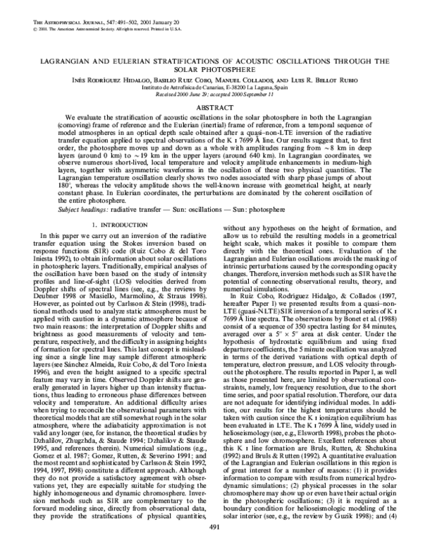 (PDF) Lagrangian and Eulerian Stratifications of Acoustic Oscillations through the Solar ...