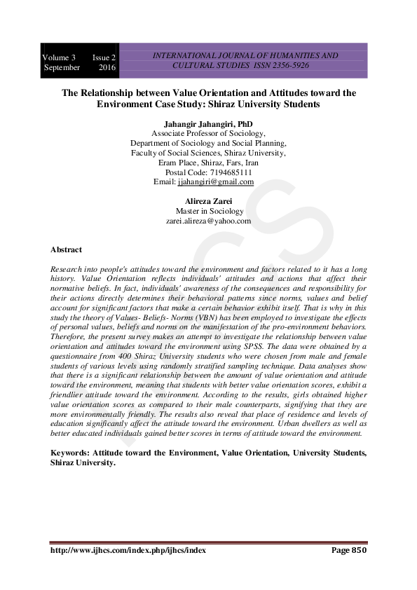(PDF) The Relationship between Value Orientation and Attitudes toward the Environment Case Study ...