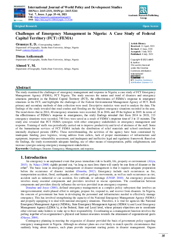 (PDF) Challenges of Emergency Management in Nigeria: A Case Study of ...