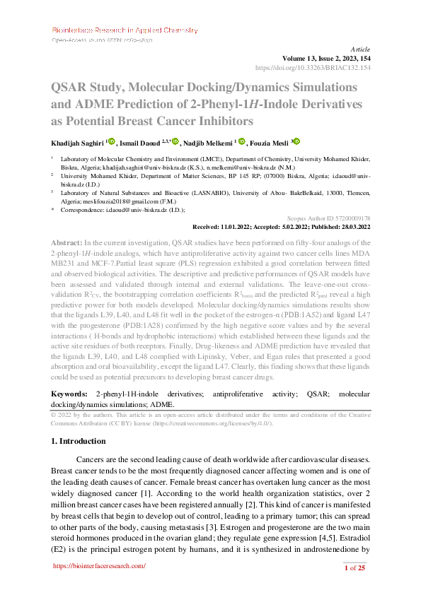 (PDF) QSAR Study, Molecular Docking/Dynamics Simulations and ADME Prediction of 2-Phenyl-1H ...