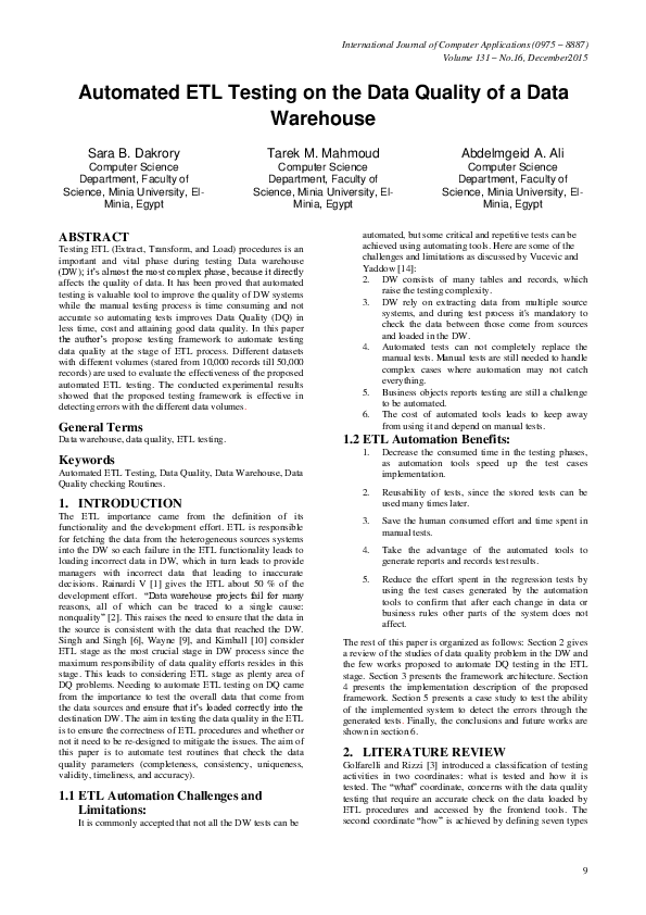 Pdf 9 Automated Etl Testing On The Data Quality Of A Data Warehouse