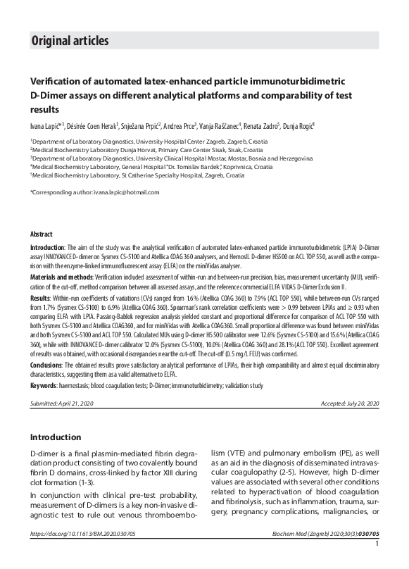 (PDF) Verification of automated latex-enhanced particle immunoturbidimetric D-Dimer assays on ...