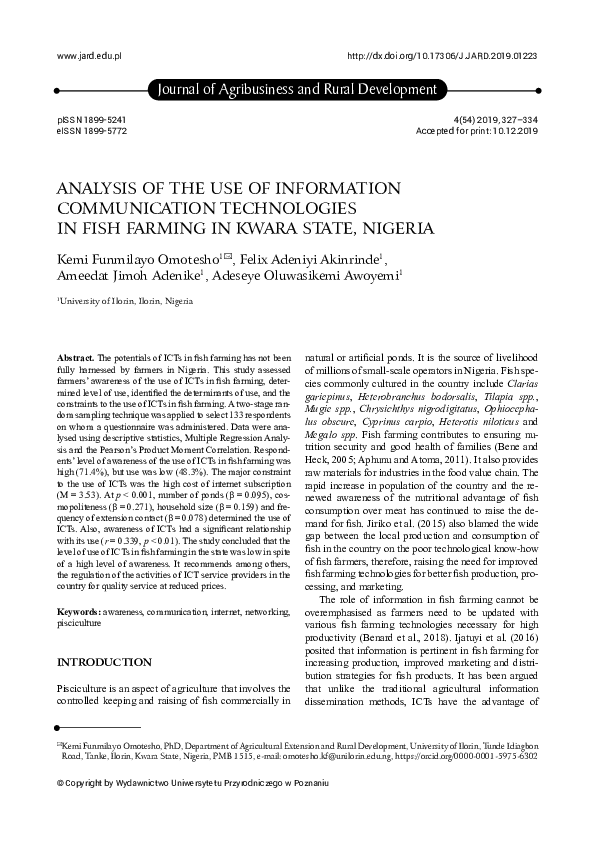 (PDF) Analysis of the Use of Information Communication Technologies in Fish Farming in Kwara ...
