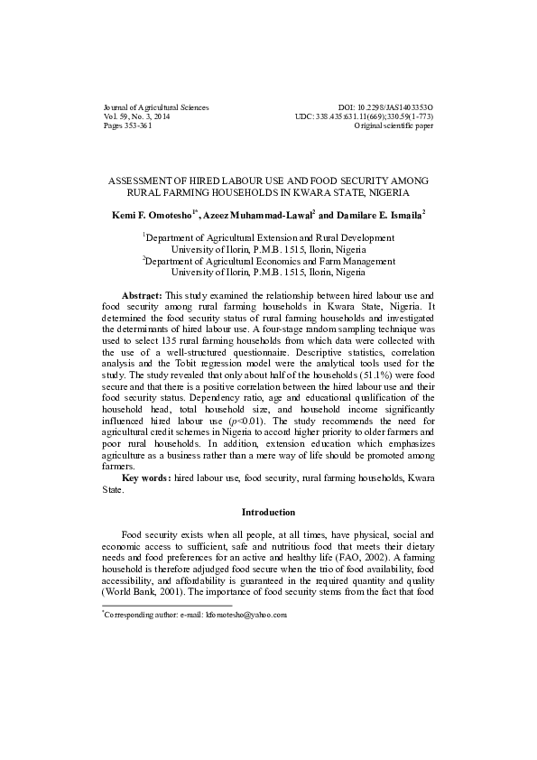 (PDF) Assessment of hired labour use and food security among rural ...