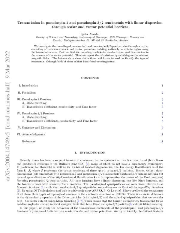 (PDF) Transmission in pseudospin-1 and pseudospin-3/2 semimetals with linear dispersion through ...