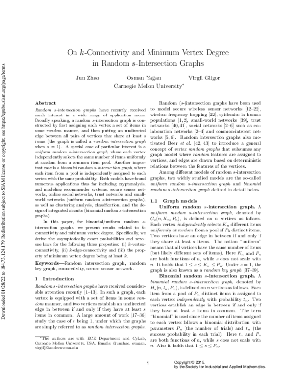 (PDF) On k-Connectivity and Minimum Vertex Degree in Random s-Intersection Graphs | Virgil ...