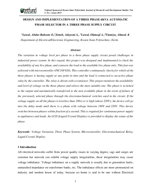 (PDF) DESIGN AND IMPLEMENTATION OF A THREE PHASE 6KVA AUTOMATIC PHASE SELECTOR IN A THREE PHASE ...