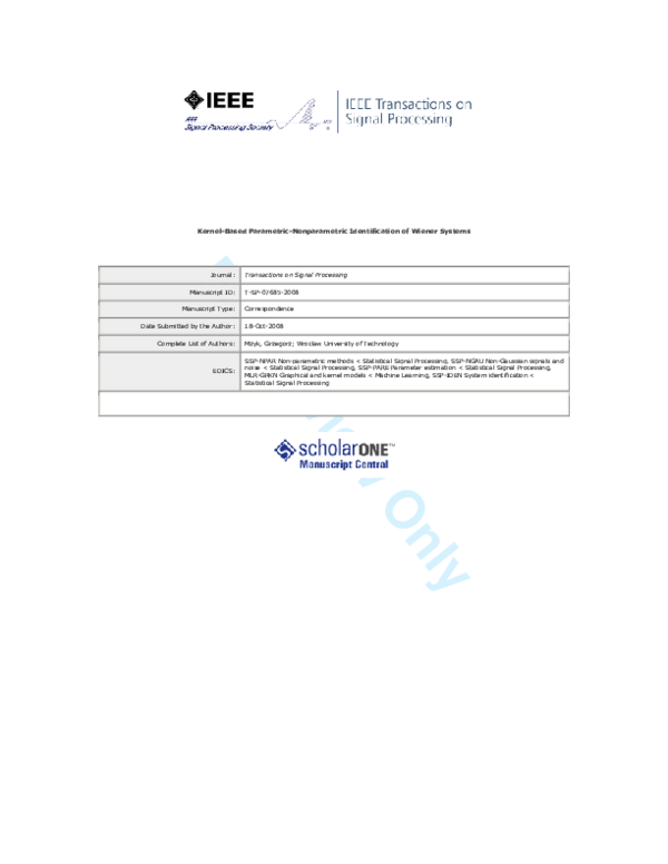 (PDF) Kernel-Based Parametric-Nonparametric Identification of Wiener ... (PDF) Kernel-Based Parametric-Nonparametric Identification of Wiener ...