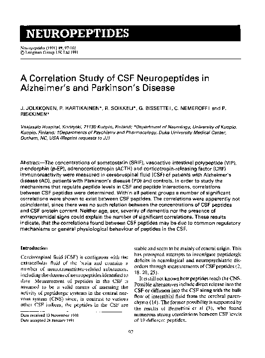 (PDF) A correlation study of CSF neuropeptides in Alzheimer's and Parkinson's disease