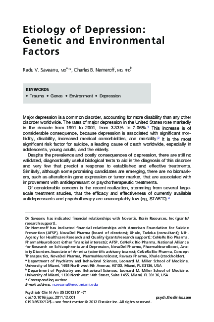 (PDF) Etiology of Depression: Genetic and Environmental Factors