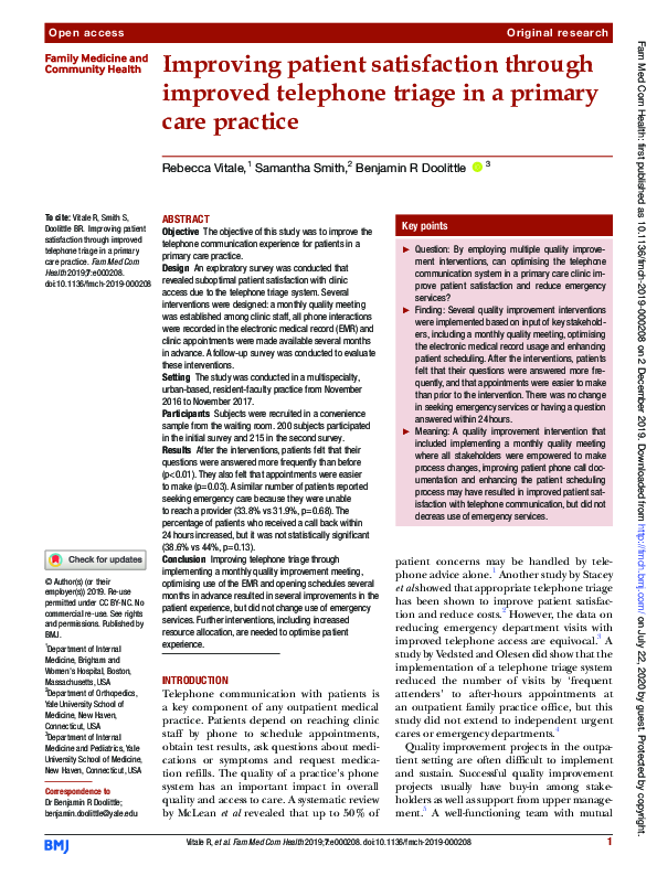 (PDF) Improving patient satisfaction through improved telephone triage in a primary care ...