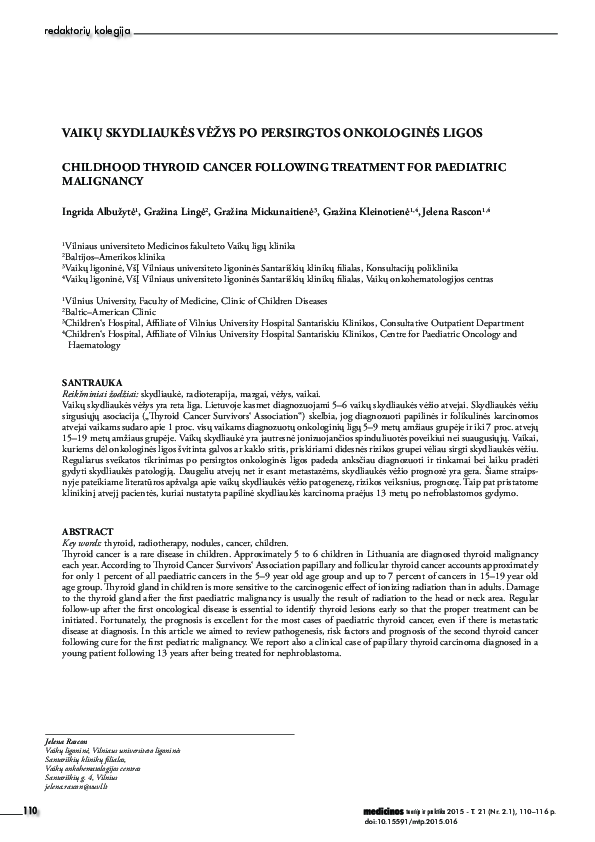(PDF) Vaikų Skydliaukės Vėžys Po Persirgtos Onkologinės Ligos | Jelena Rascon - Academia.edu