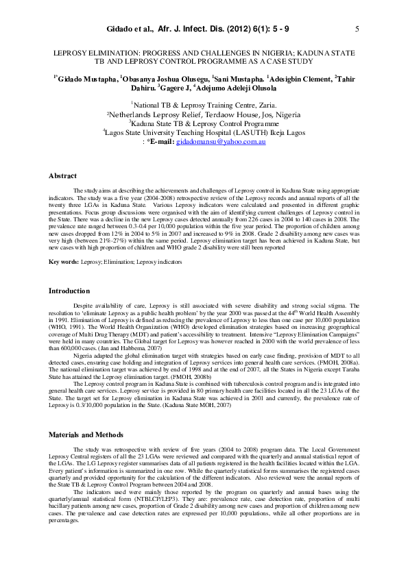 (PDF) Leprosy Elimination: Progress and Challenges in Nigeria; Kaduna State TB and Leprosy ...