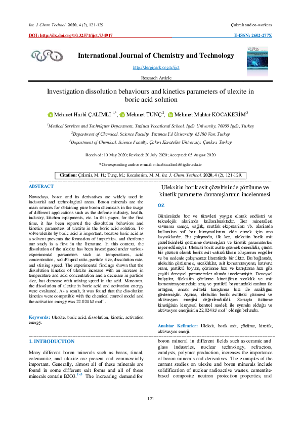 Pdf Investigation Dissolution Behaviours And Kinetics Parameters Of Ulexite Using Boric Acid