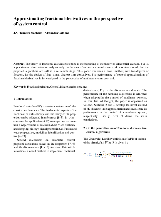 Pdf Approximating Fractional Derivatives In The Perspective Of System Control