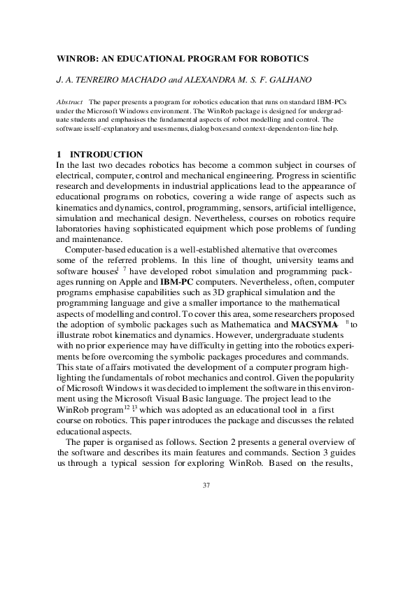 Pdf Winrob An Educational Program For Robotics António Carlos Galhano