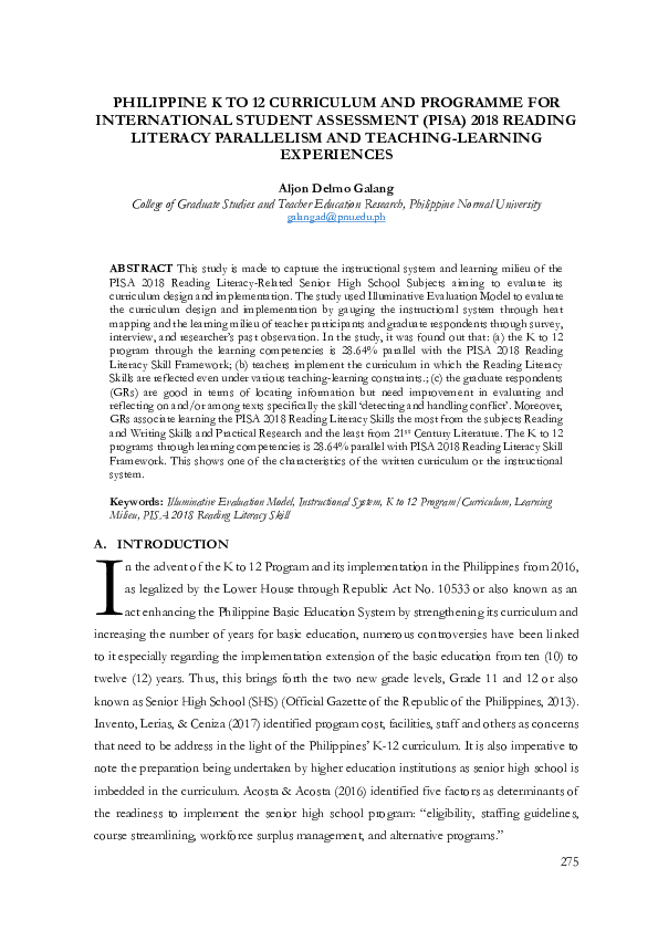 (PDF) Philippine K to 12 Curriculum and Programme for International ...
