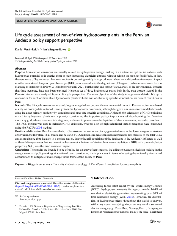 (PDF) Life cycle assessment of run-of-river hydropower plants in the ...