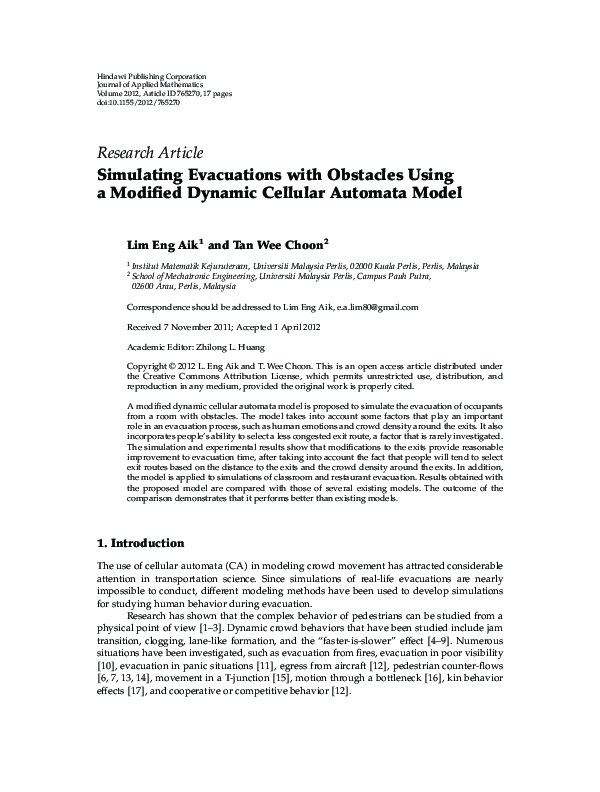 Pdf Simulating Evacuations With Obstacles Using A Modified Dynamic
