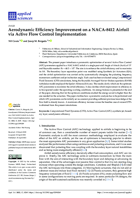 (PDF) Aerodynamic Efficiency Improvement on a NACA-8412 Airfoil via ...
