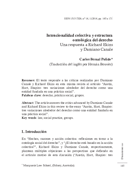 (PDF) Intencionalidad colectiva y estructura ontológica del derecho Una ...