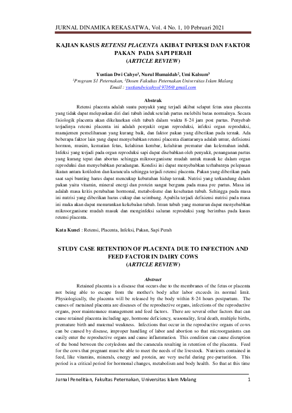 (PDF) Kajian Kasus Retensi Placenta Akibat Infeksi Dan Faktor Pakan ...