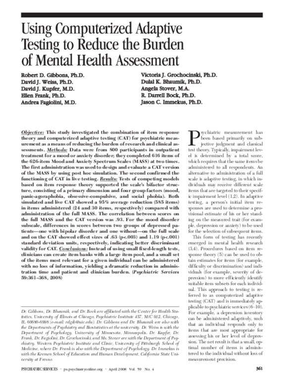 Pdf Using Computerized Adaptive Testing To Reduce The Burden Of Mental Health Assessment