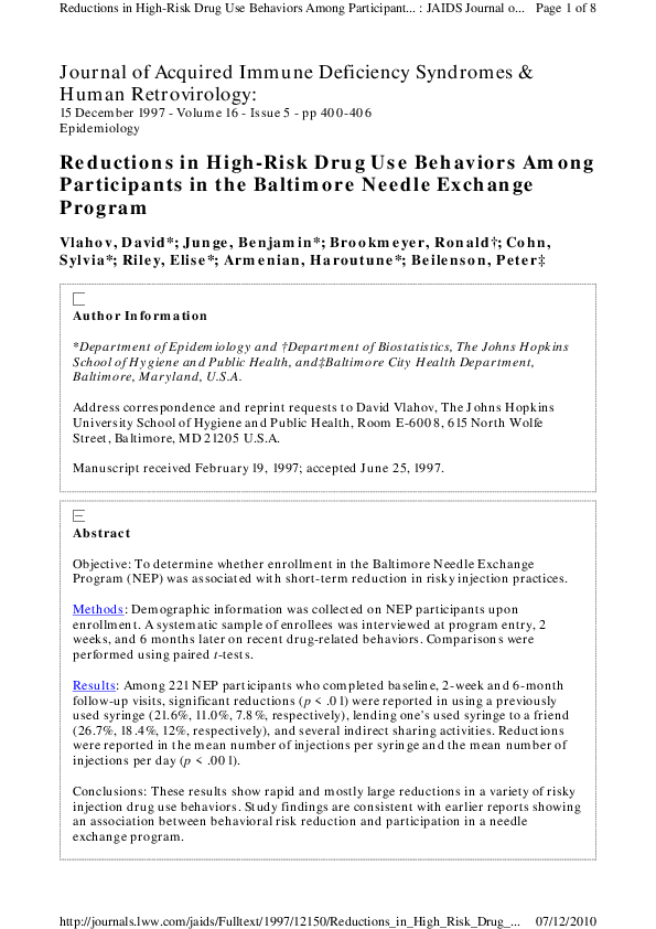 (PDF) Reductions in High-Risk Drug Use Behaviors Among Participants in ...