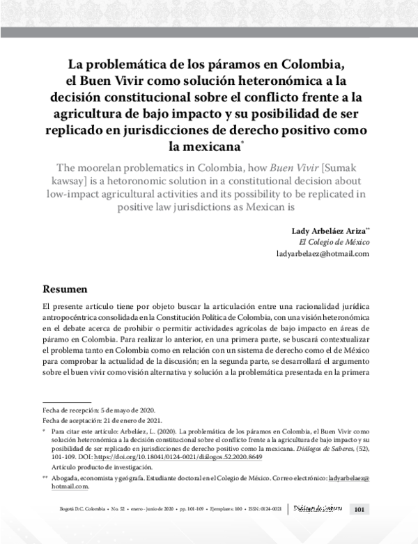 (PDF) problemática de los páramos en Colombia, el Buen Vivir como solución heteronómica a la ...
