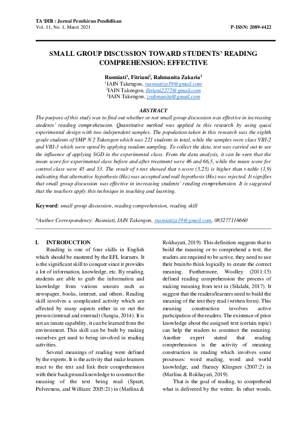 (PDF) Small Group Discussion Toward Students’ Reading Comprehension ...