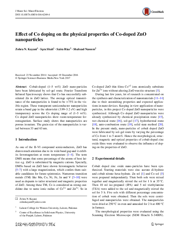 (PDF) Effect of Co doping on the physical properties of Co-doped ZnO nanoparticles