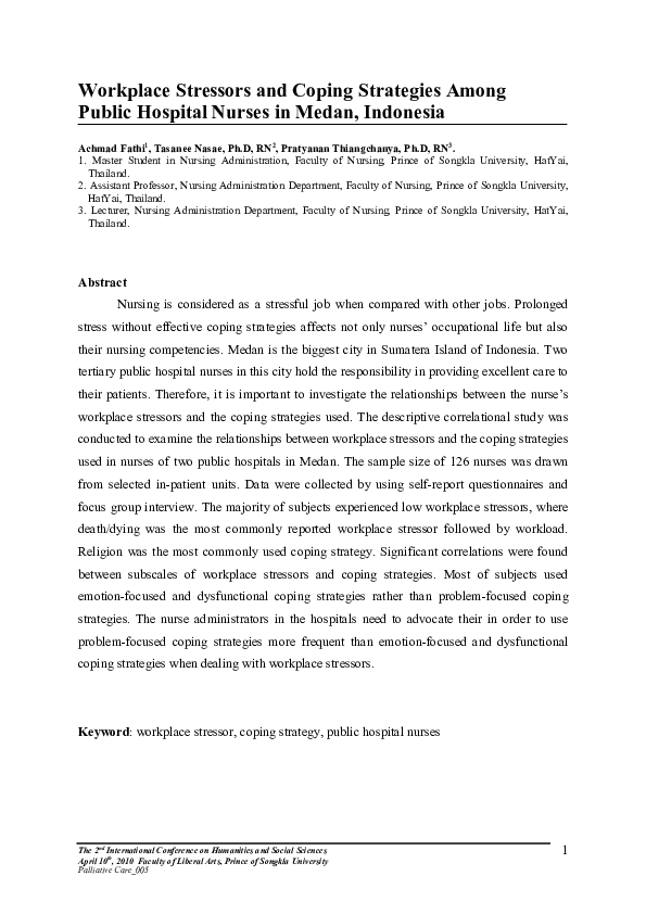 (PDF) Workplace Stressors and Coping Strategies Among Public Hospital Nurses in Medan, Indonesia