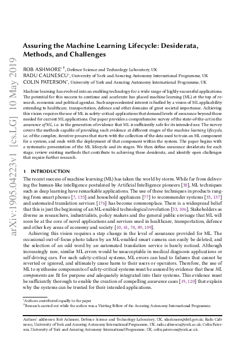 (PDF) Assuring the Machine Learning Lifecycle: Desiderata, Methods, and Challenges