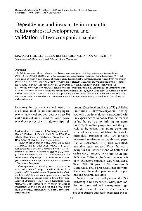 (PDF) Dependency and insecurity in romantic relationships: Development and validation of two ...