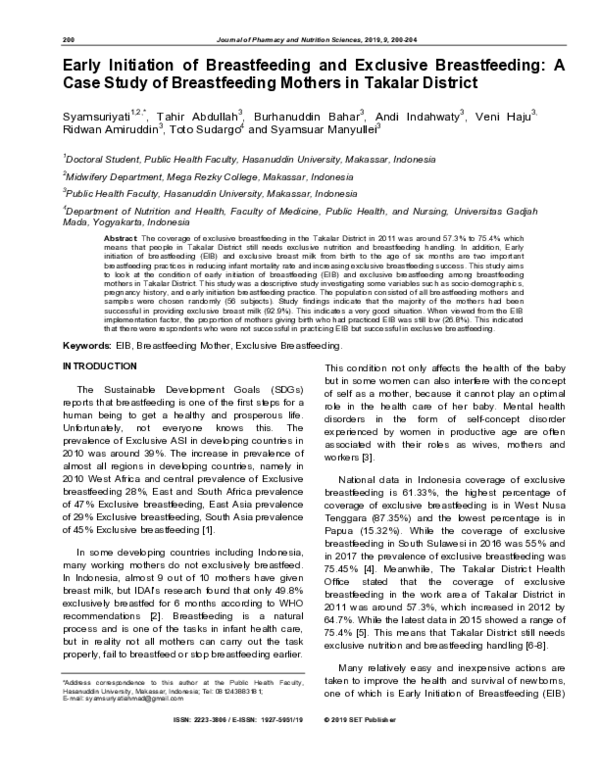 Pdf Early Initiation Of Breastfeeding And Exclusive Breastfeeding A