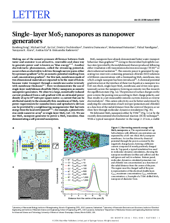 (PDF) Single-layer MoS2 nanopores as nanopower generators
