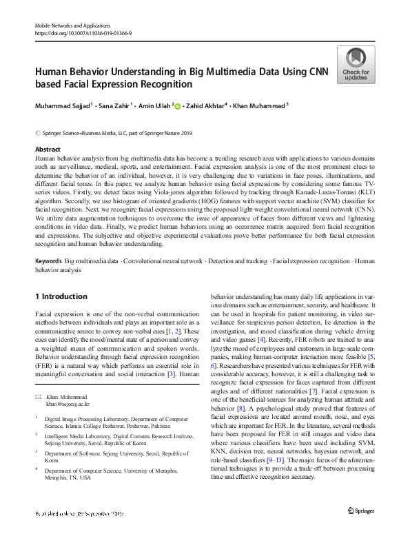 (PDF) Human Behavior Understanding in Big Multimedia Data Using CNN based Facial Expression ...