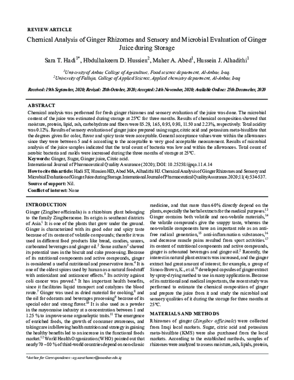 Pdf Chemical Analysis Of Ginger Rhizomes And Sensory And Microbial