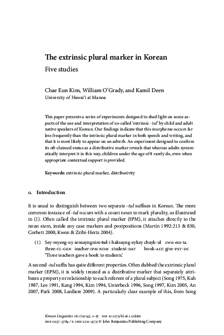 (PDF) The extrinsic plural marker in Korean