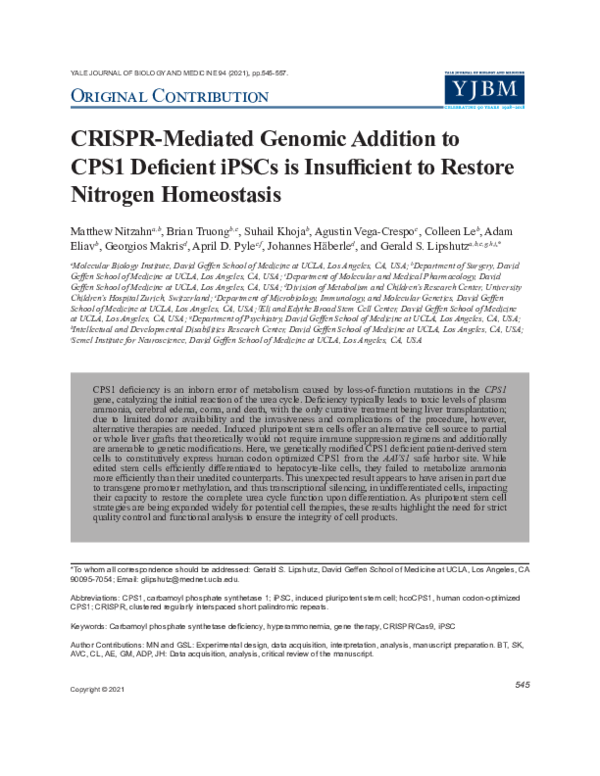 (PDF) CRISPR in CPS1 iPSCs: Nitrogen Homeostasis Failure